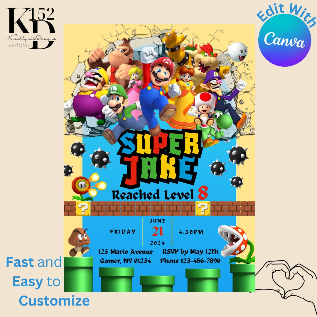Super Mario Birthday Invitation, Editable Canva Template (digital ...