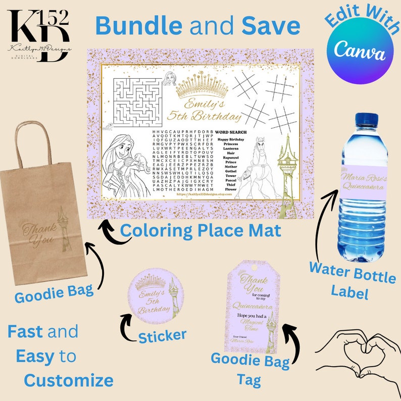 EDITABLE, Rapunzel Theme Birthday Package, Coloring Place Mat, Sticker ...