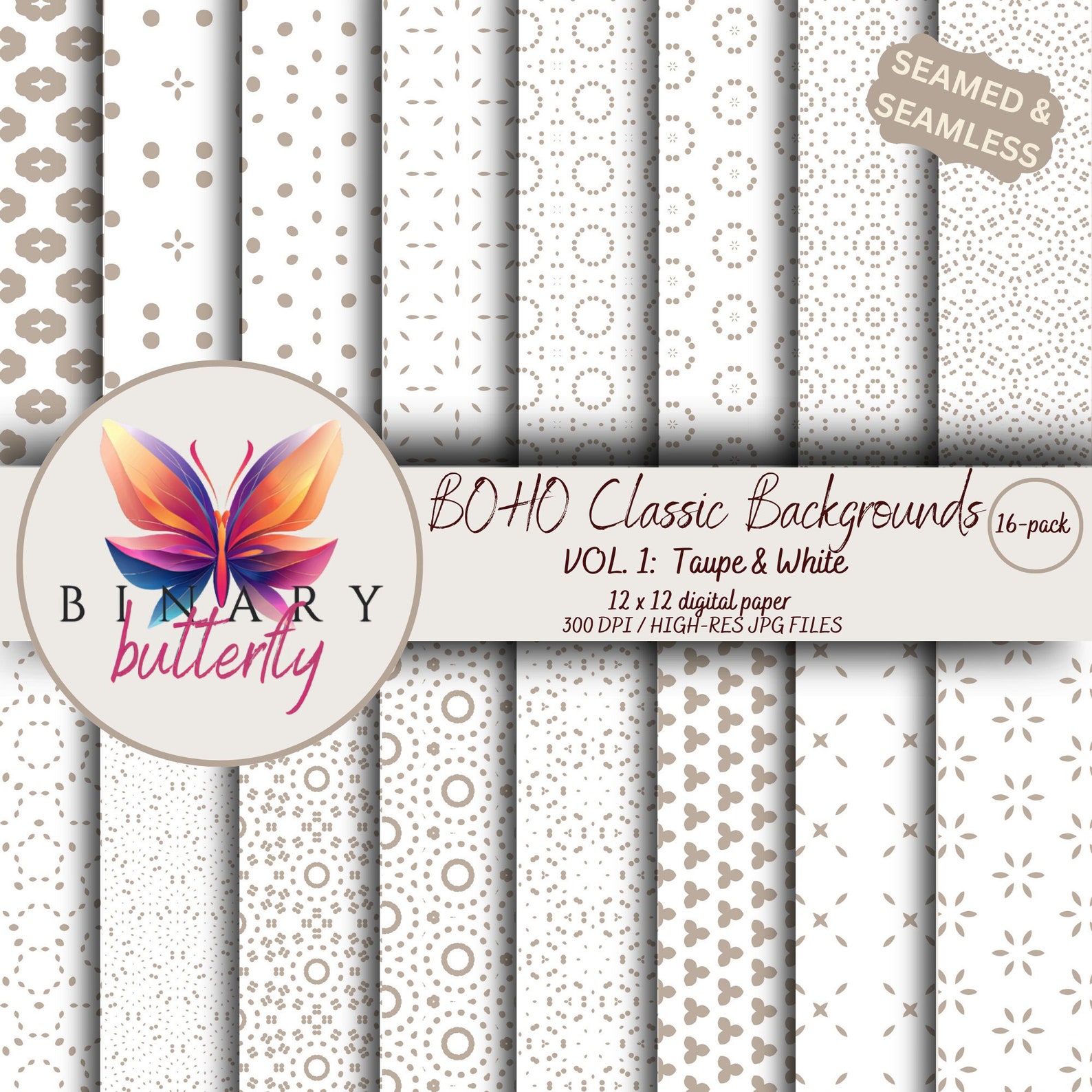 16 Pack BOHO Digital Paper Seamed and Seamless Patterns 12x12 Inch High ...
