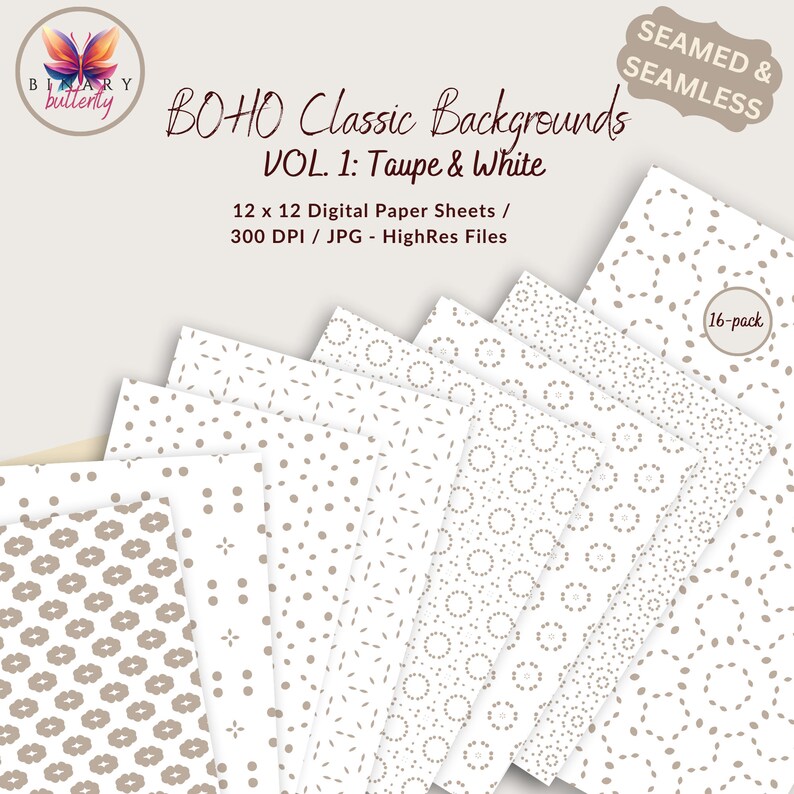 16 Pack BOHO Digital Paper Seamed and Seamless Patterns 12x12 Inch High ...