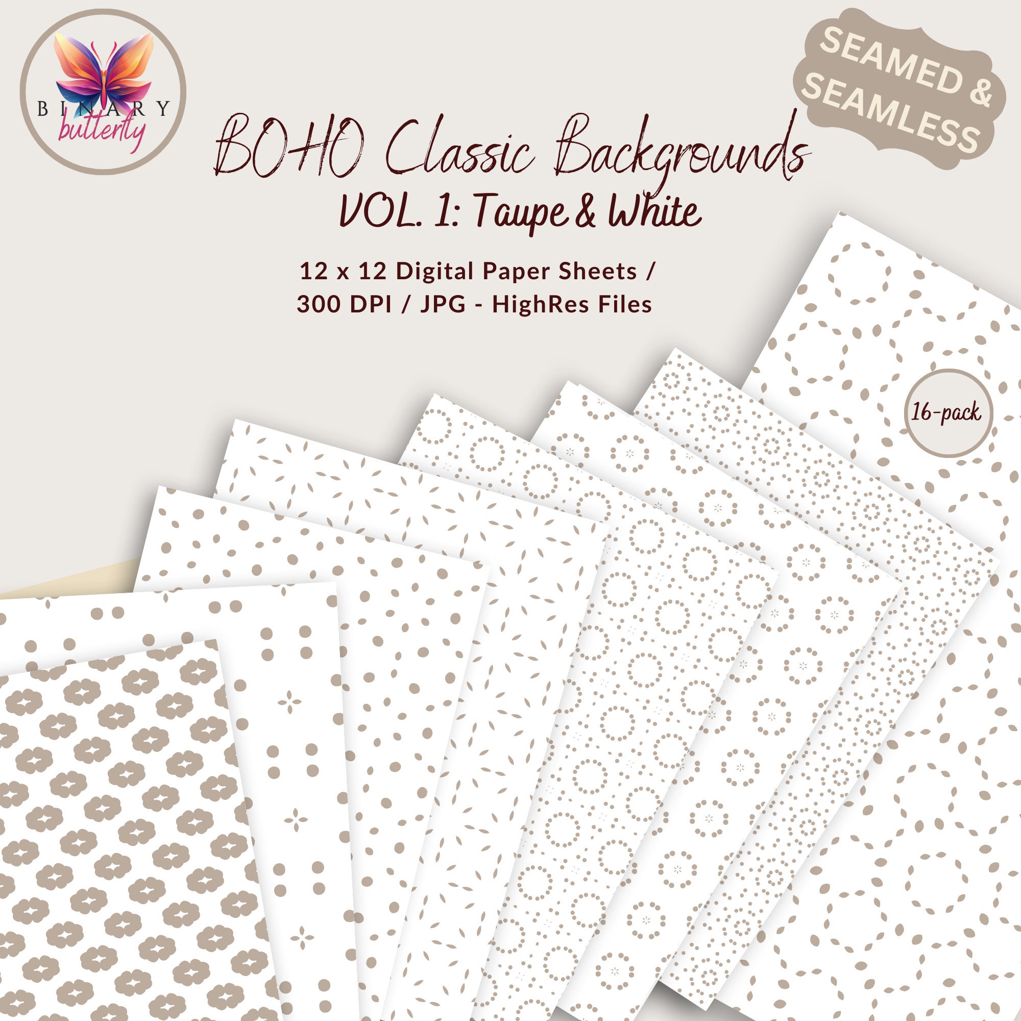 16 Pack BOHO Digital Paper Seamed and Seamless Patterns 12x12 Inch High ...