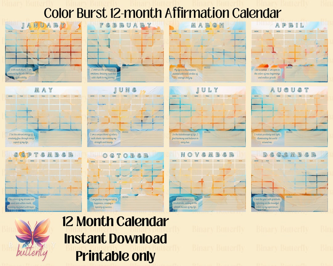 Color Burst Undated Affirmation Calendar | Inspiring Quotes | 11x8.5 ...