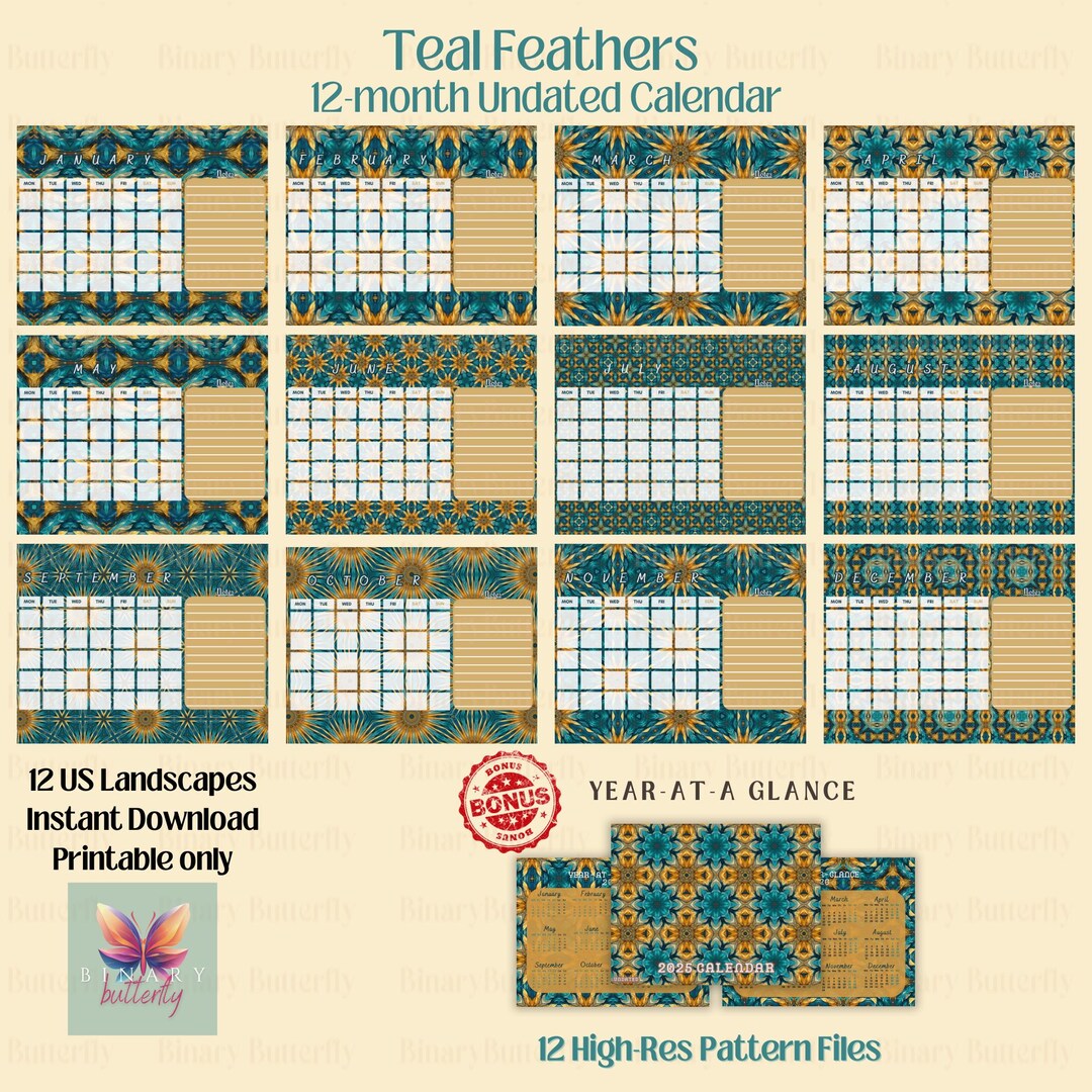 Teal Feathers Undated Calendar | Printable 11x8.5 Calendar | Monthly ...