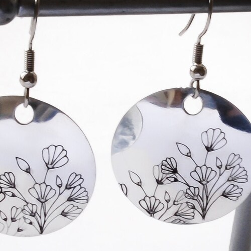 Round Stamped Flower Metal Earrings | Etsy