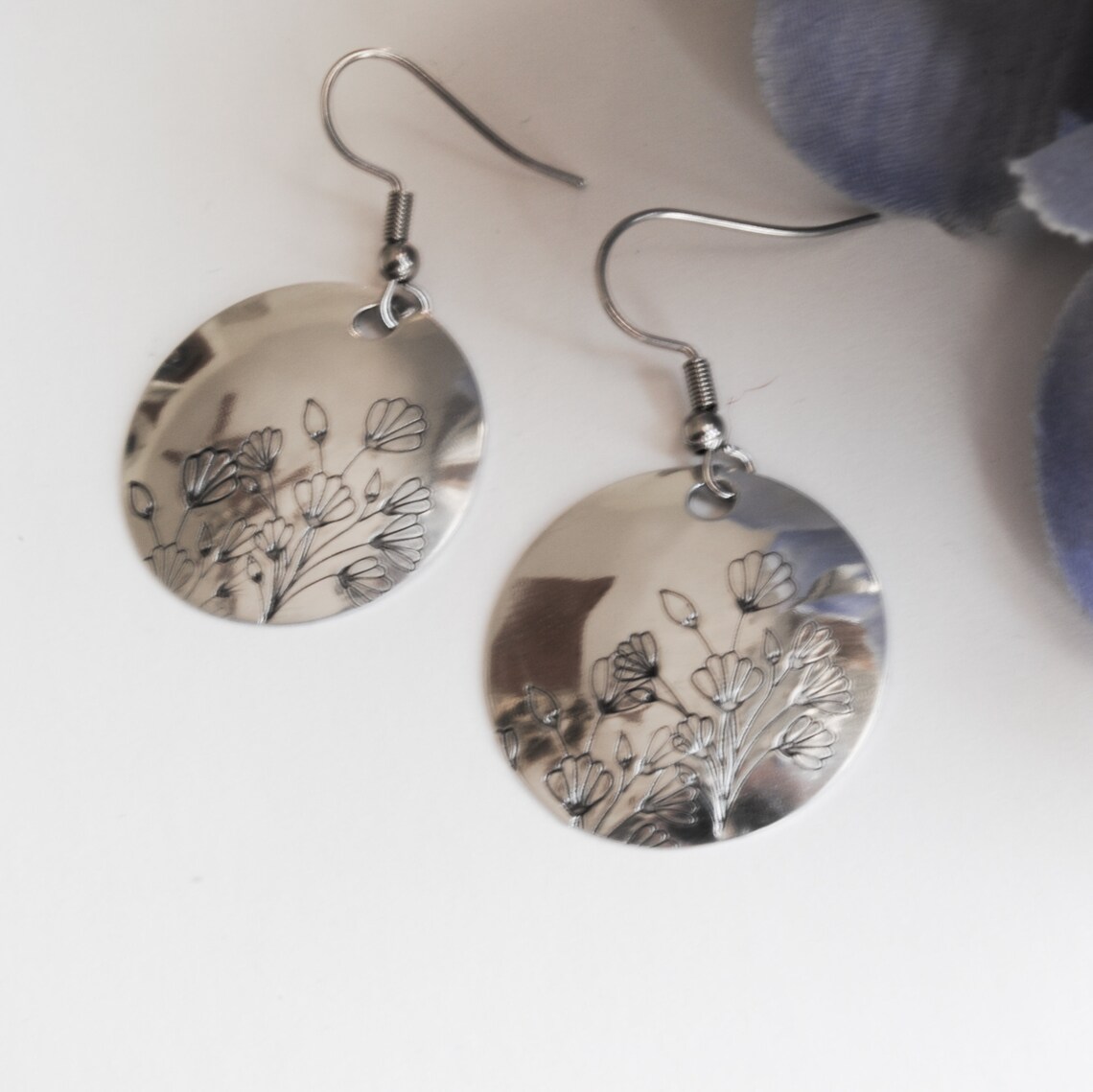Round Stamped Flower Metal Earrings | Etsy