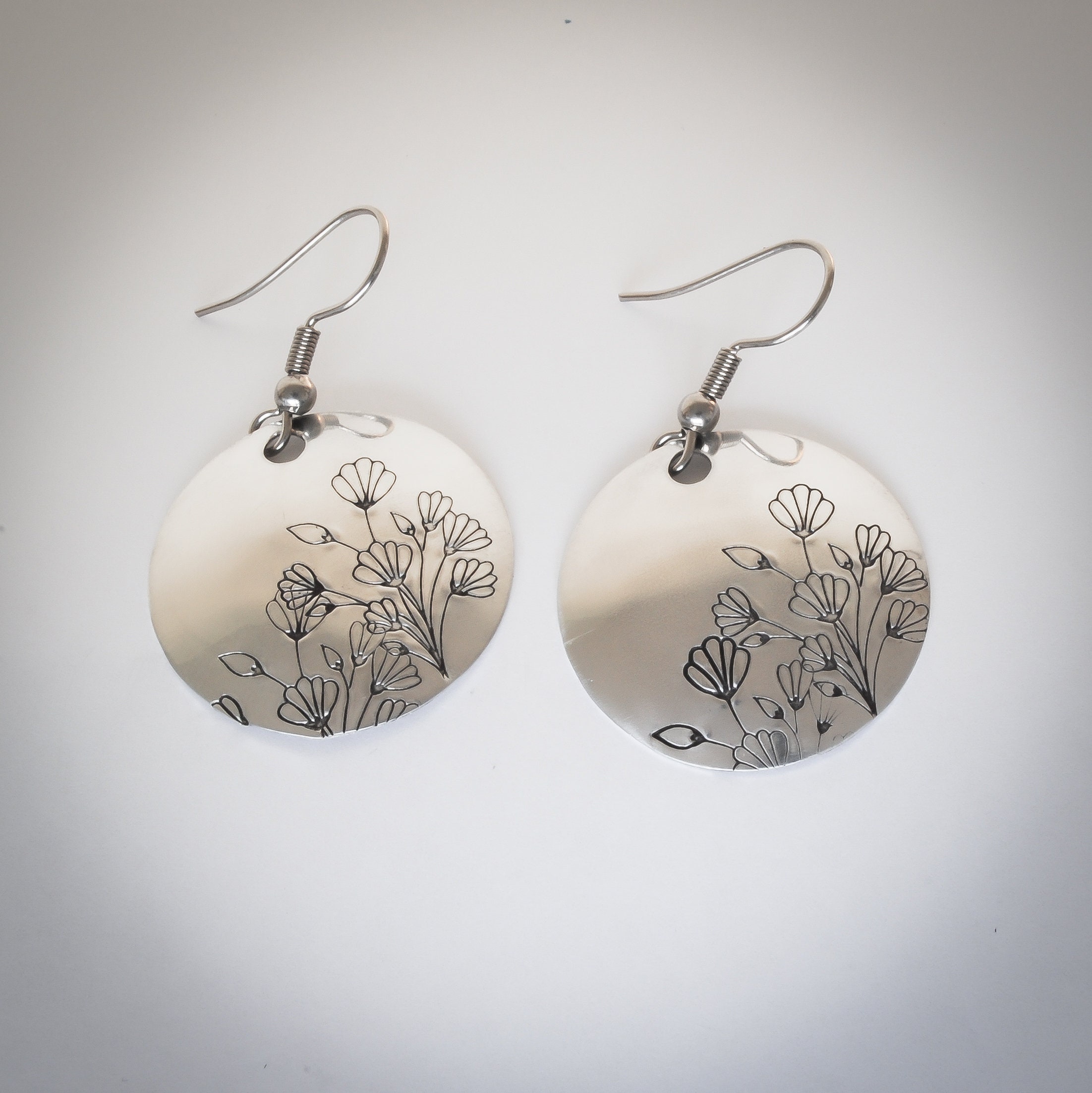 Round Stamped Flower Metal Earrings - Etsy