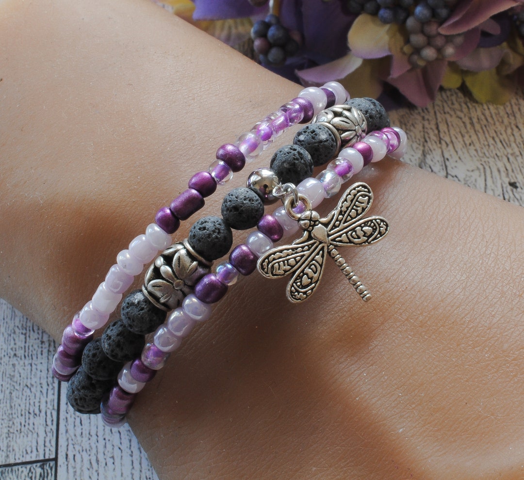 Memory Wire Wrap Bracelet With Diffuser Beads and Dragonfly - Etsy