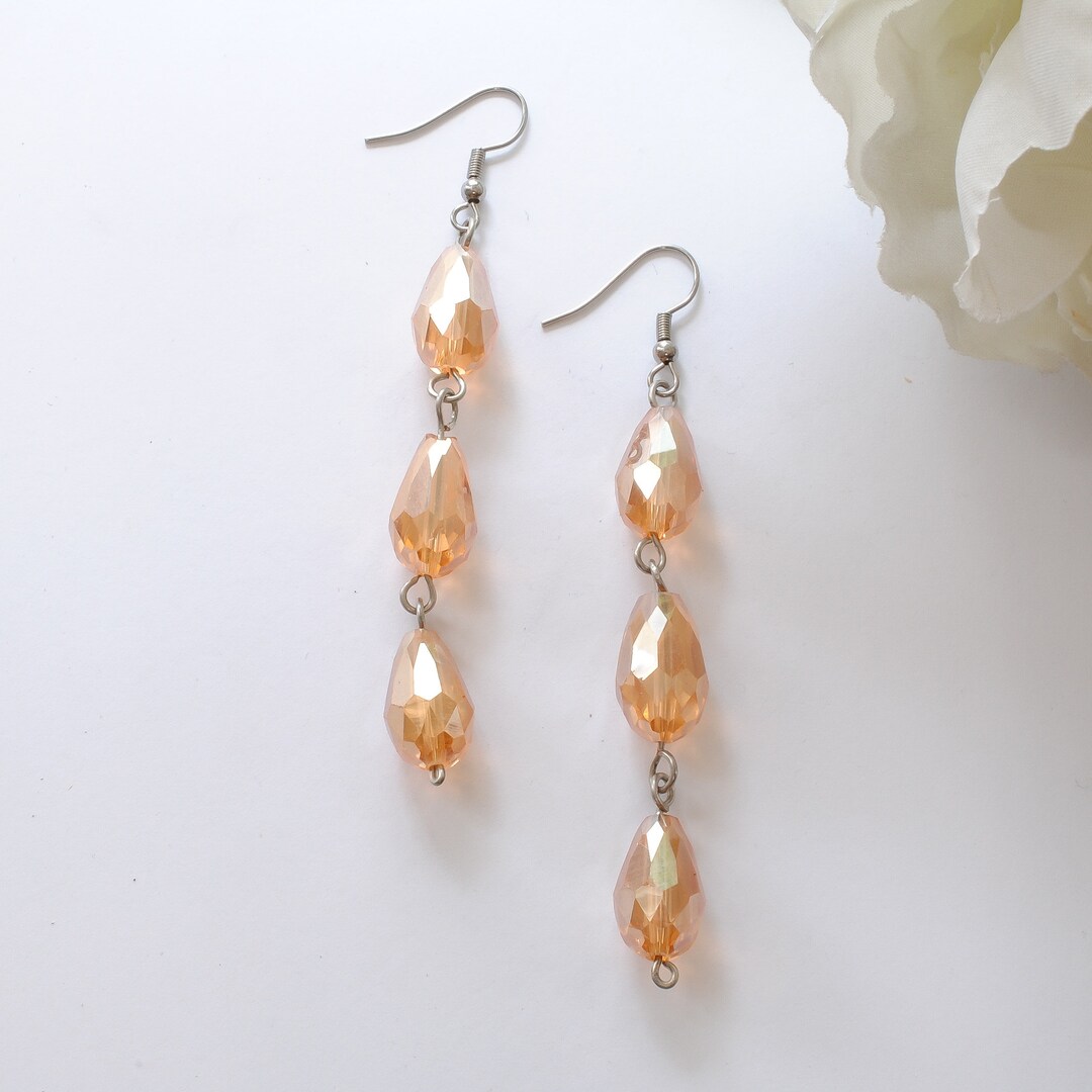 Long Pink Peach Colored Crystal Glass Beaded Earrings - Etsy