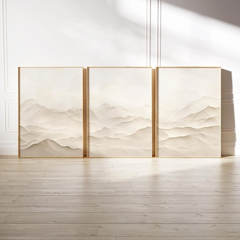 Clean Japandi Wall Art Set of 3, Neutral Japanese Mountain Landscape ...