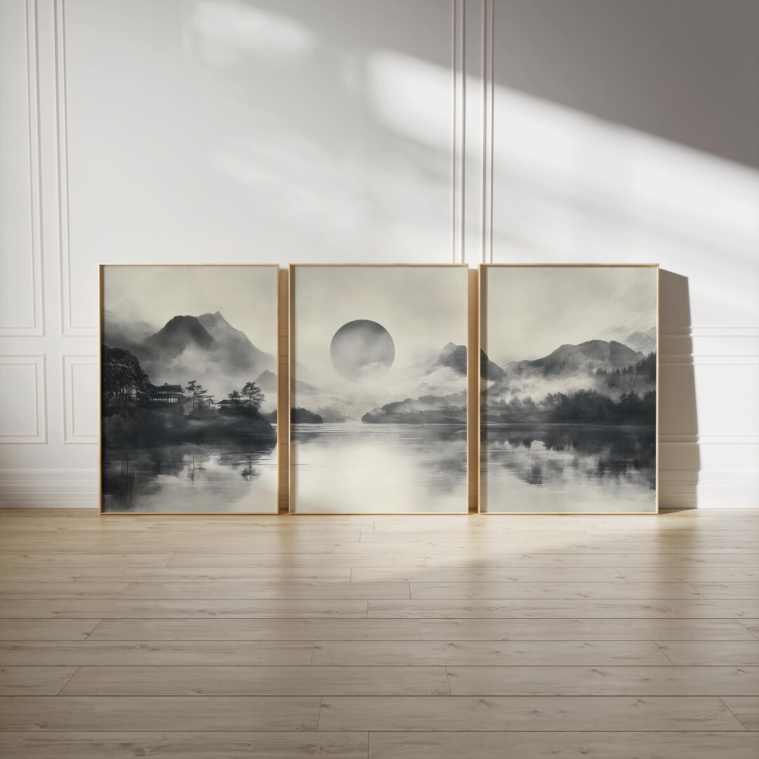 Moonbeam Gray Japandi Wall Art Set of 3, Minimalist Japanese Landscape Printable Gallery Wall ...