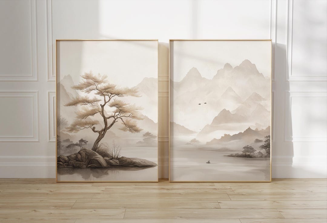 Neutral Japandi Wall Art Set of 2, Minimalist Misty Mountain Printable ...