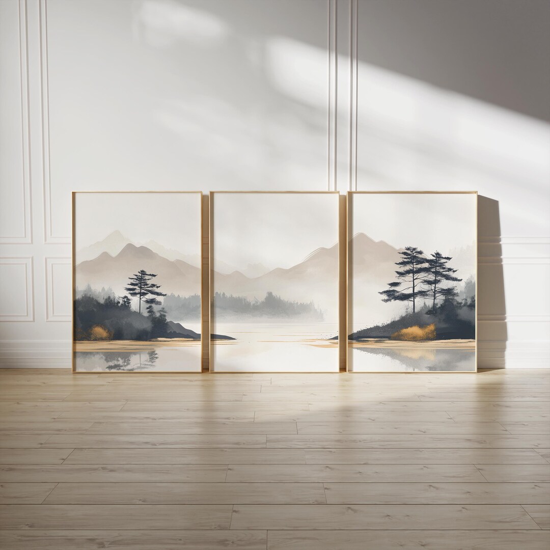 Neutral Japandi Wall Art Set of 3, Minimalist Japanese Landscape, Misty ...