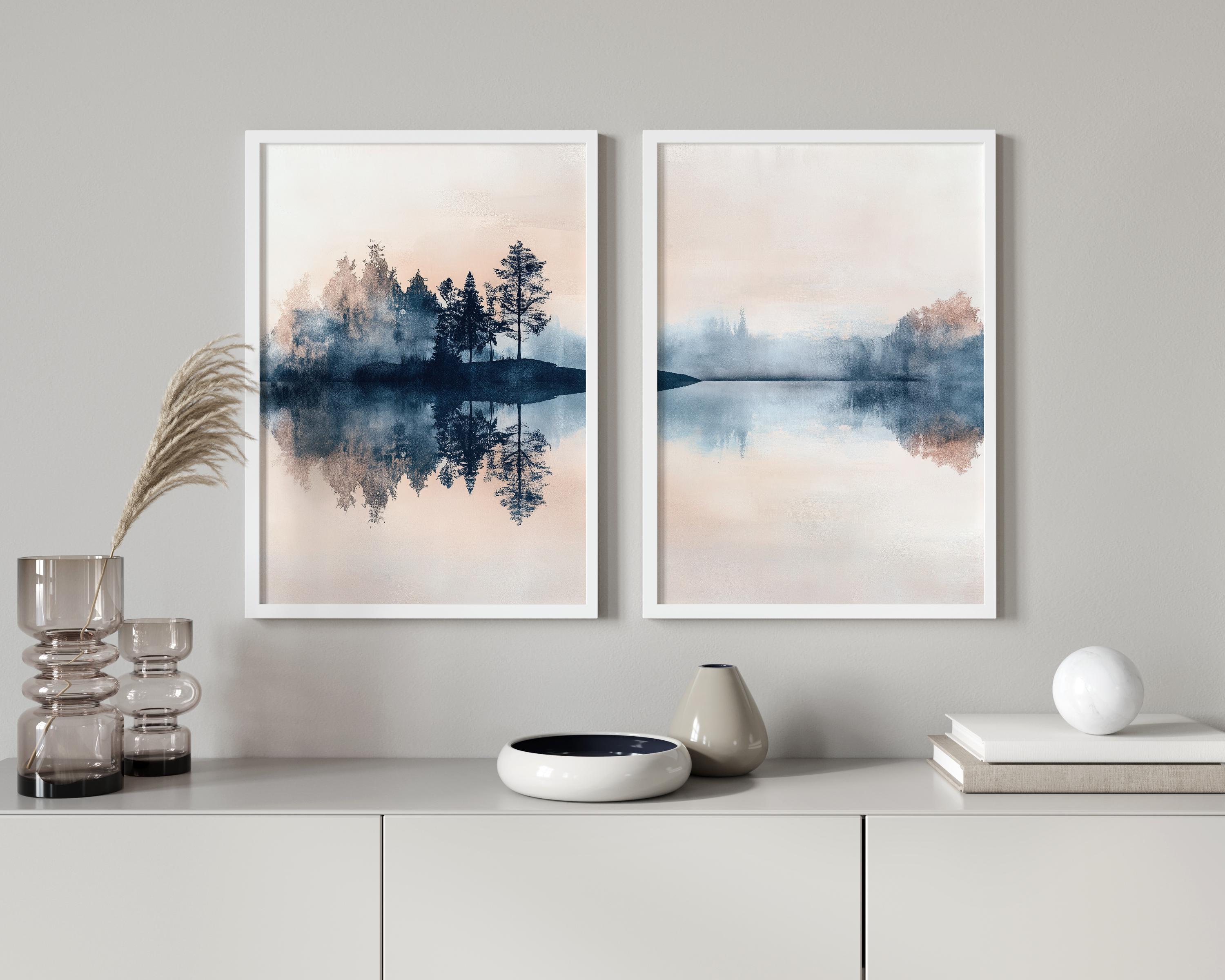 Pastel Japandi Spring Wall Art Set of 2, Japanese Lake Printable, Pink ...