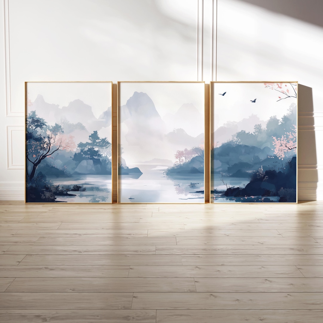 Blue-toned Japandi Wall Art Set of 3, Printable Calm Japanese Blue and ...