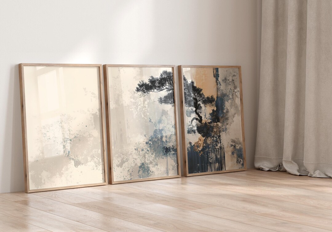 Minimalist Beige Wabi Sabi Wall Art Set of 3, Abstract Japanese Tree Printable, Dark Blue ...