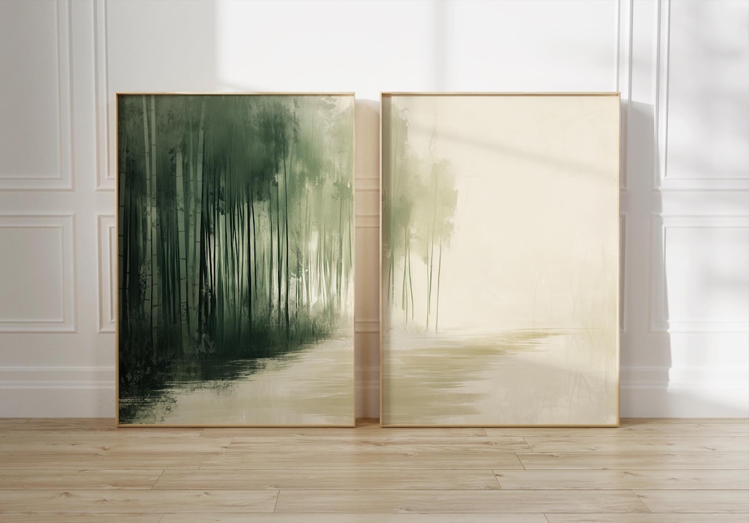 Green Japandi Wall Art Set of 2, Japanese Bamboo Forest Printable ...