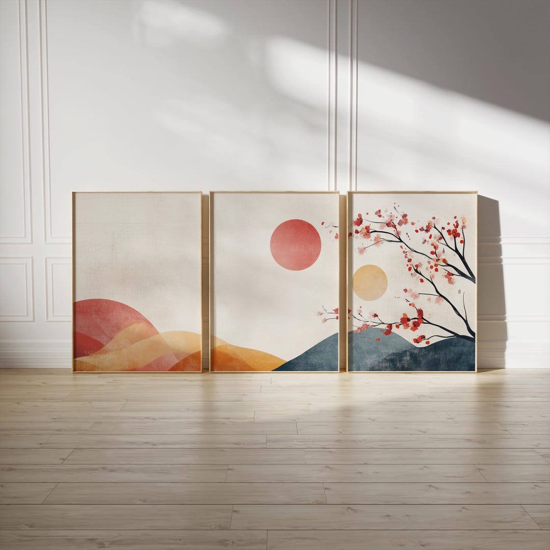 Spring Japandi Wall Art Set of 3, 60s Inspired Minimalist Blossom Tree ...