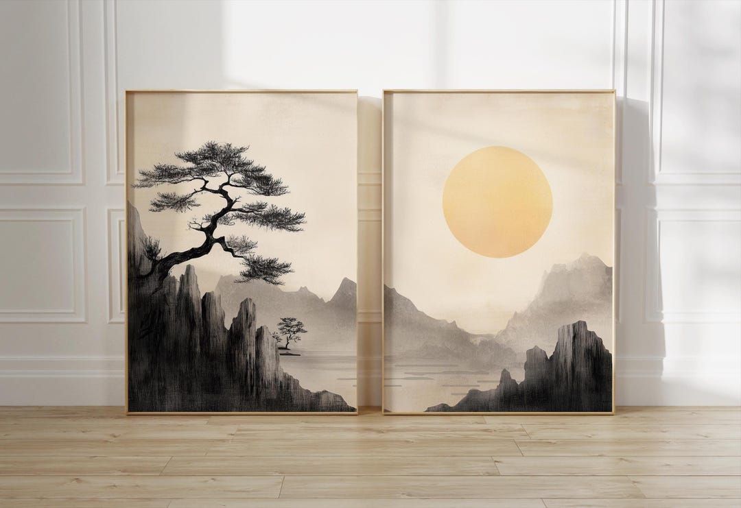 Beige Japandi Wall Art Set of 2, Minimalist Japanese Mountain Landscape ...