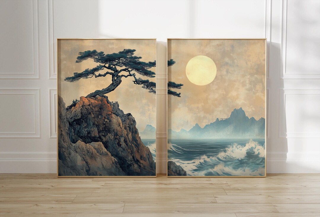 Horizontal Japandi Wall Art Set of 2 - Japanese Woodblock Style ...