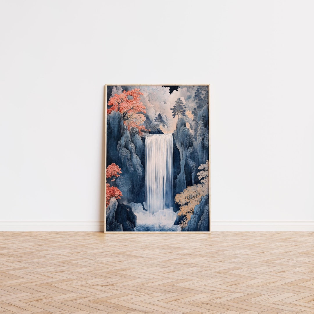 Japandi Waterfall Landscape Art Print: Japanese Folklore Tapestry ...