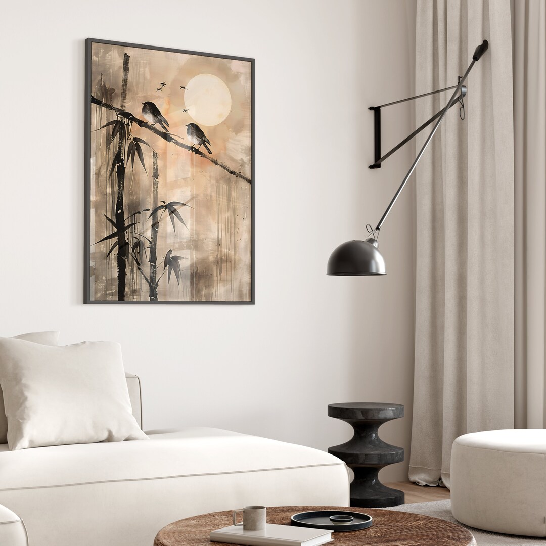 Minimalist Wabi Sabi Bamboo Wall Art, Japandi Abstract Plant & Birds Printable Art, Black and ...