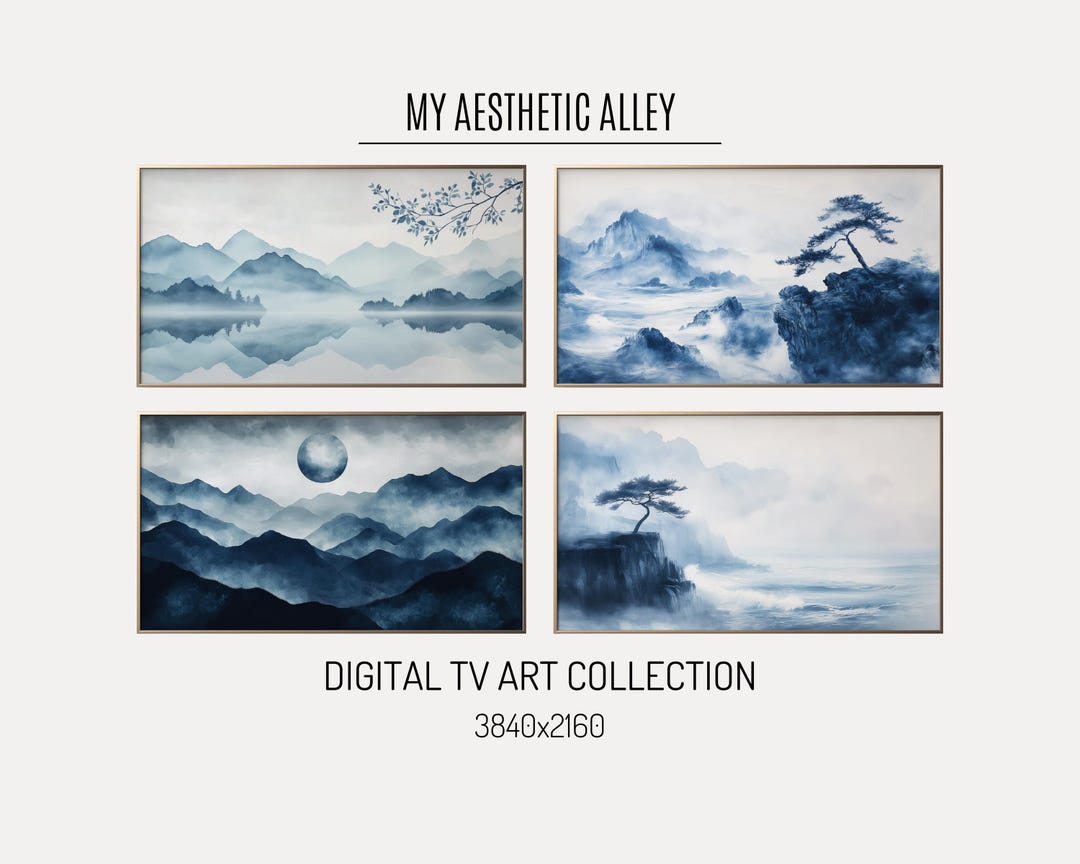 Blue Japandi Frame TV Art Bundle, Digital Landscape Art, Misty ...