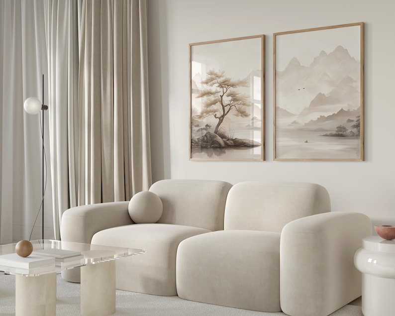 Neutral Japandi Wall Art Set of 2, Minimalist Misty Mountain Printable ...