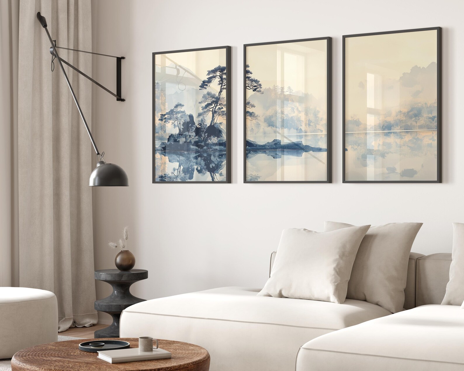 Japandi Wall Art Set of 3, Minimalist Blue Landscape Print, Japanese ...