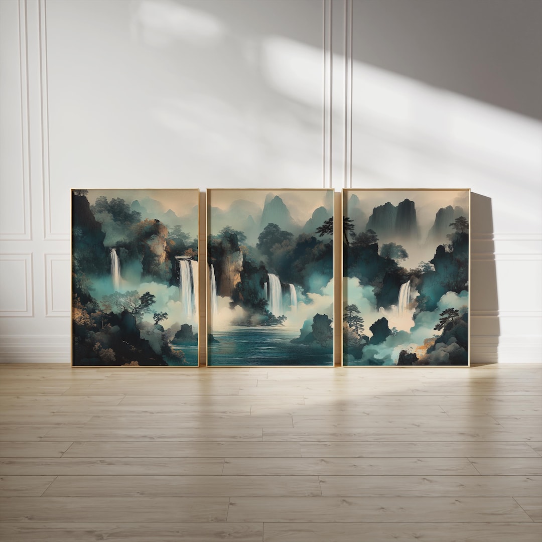 Japandi Waterfall Art Set: Blue & Green Landscape Triptych (digital Download - Etsy