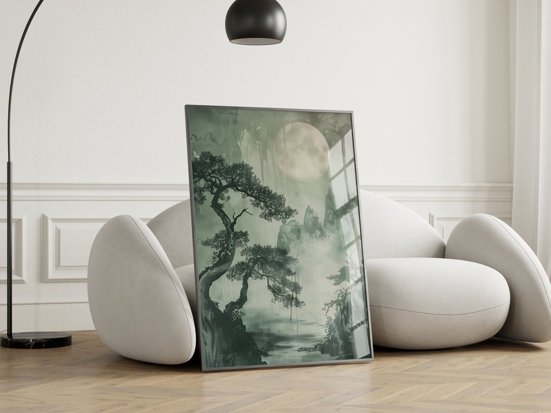 Sage Green Japanese Mountain Landscape in Moonlight Japandi Wall Art ...