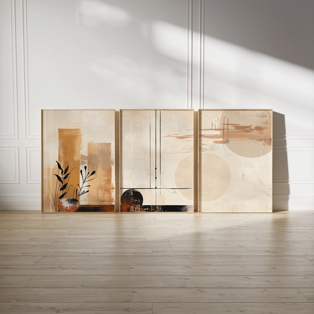 Japandi Style Beige & Brown Wall Art Set of 3, Minimalist Japanese ...