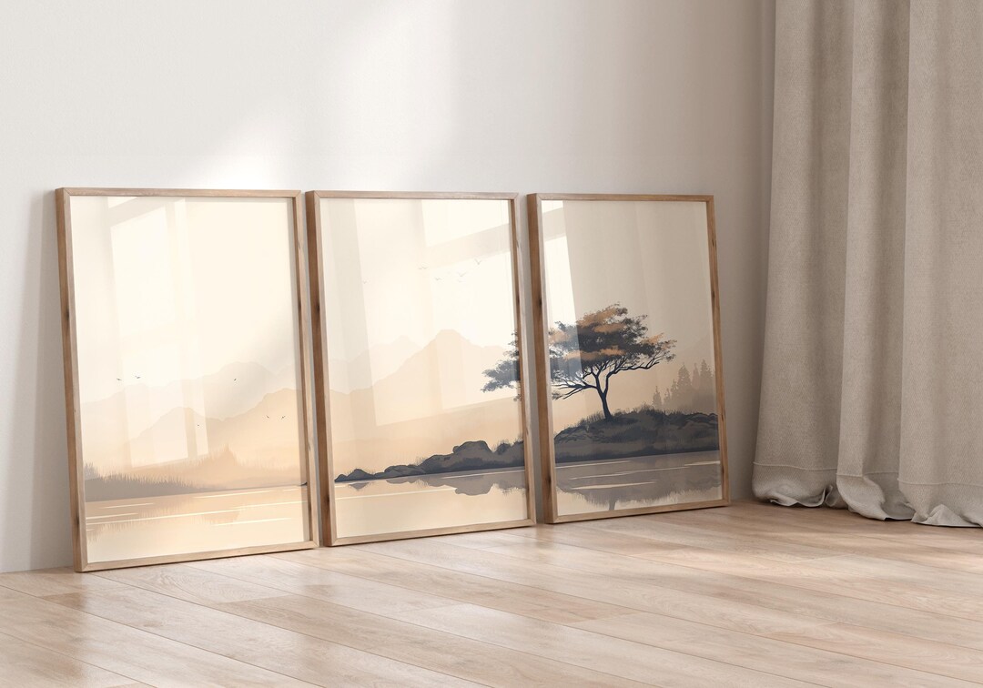Warm Neutral Japandi Wall Art Set of 3, Minimalist Japanese Tree & Lake ...