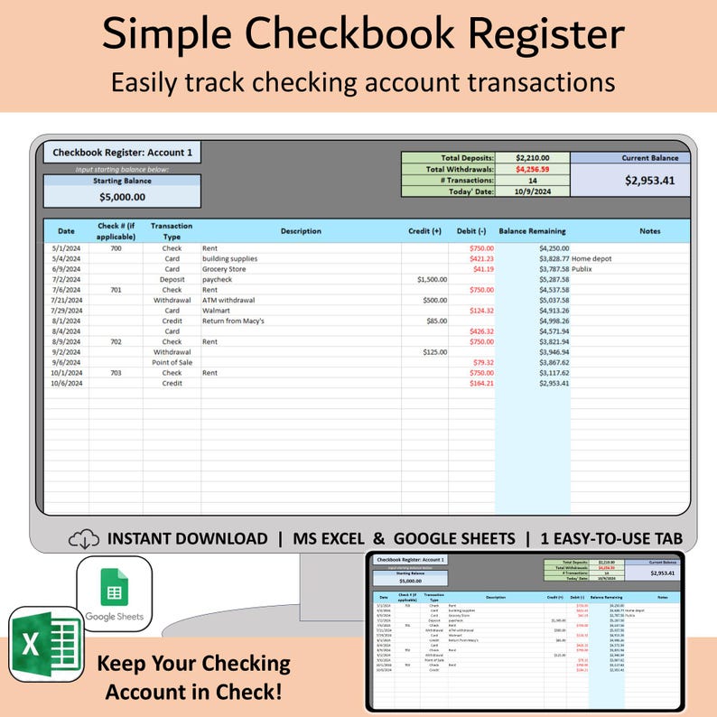 Checkbook Register Spreadsheet for Excel and Google Sheets, Checkbook Template, Spending Tracker ...