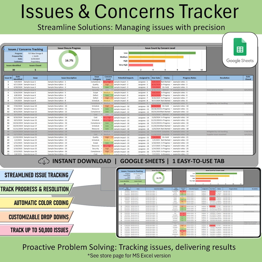 Issues & Concerns Tracker Google Sheets Spreadsheet, Issue Tracking ...