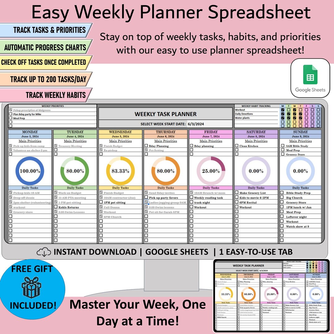 Weekly Planner Spreadsheet, Google Sheets Daily Task Tracking Template ...