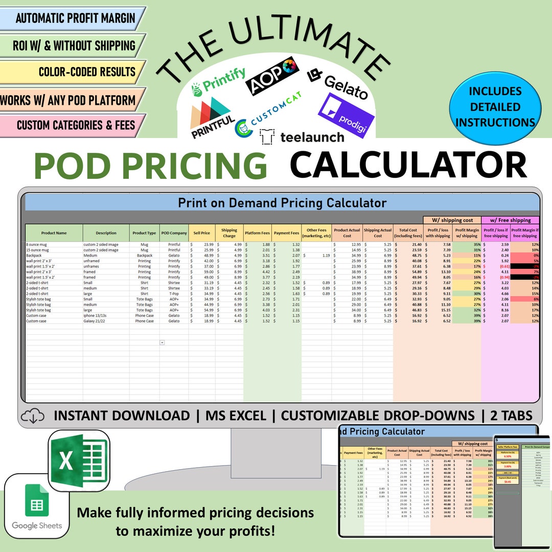 Print on Demand Pricing Calculator, Profit Spreadsheet for POD Platforms Such as Printful ...