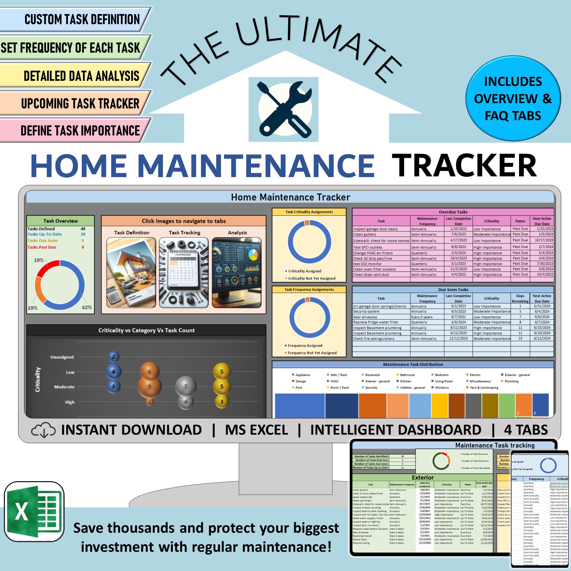 Home Maintenance Tracker Spreadsheet, Excel Home Maintenance Planner ...