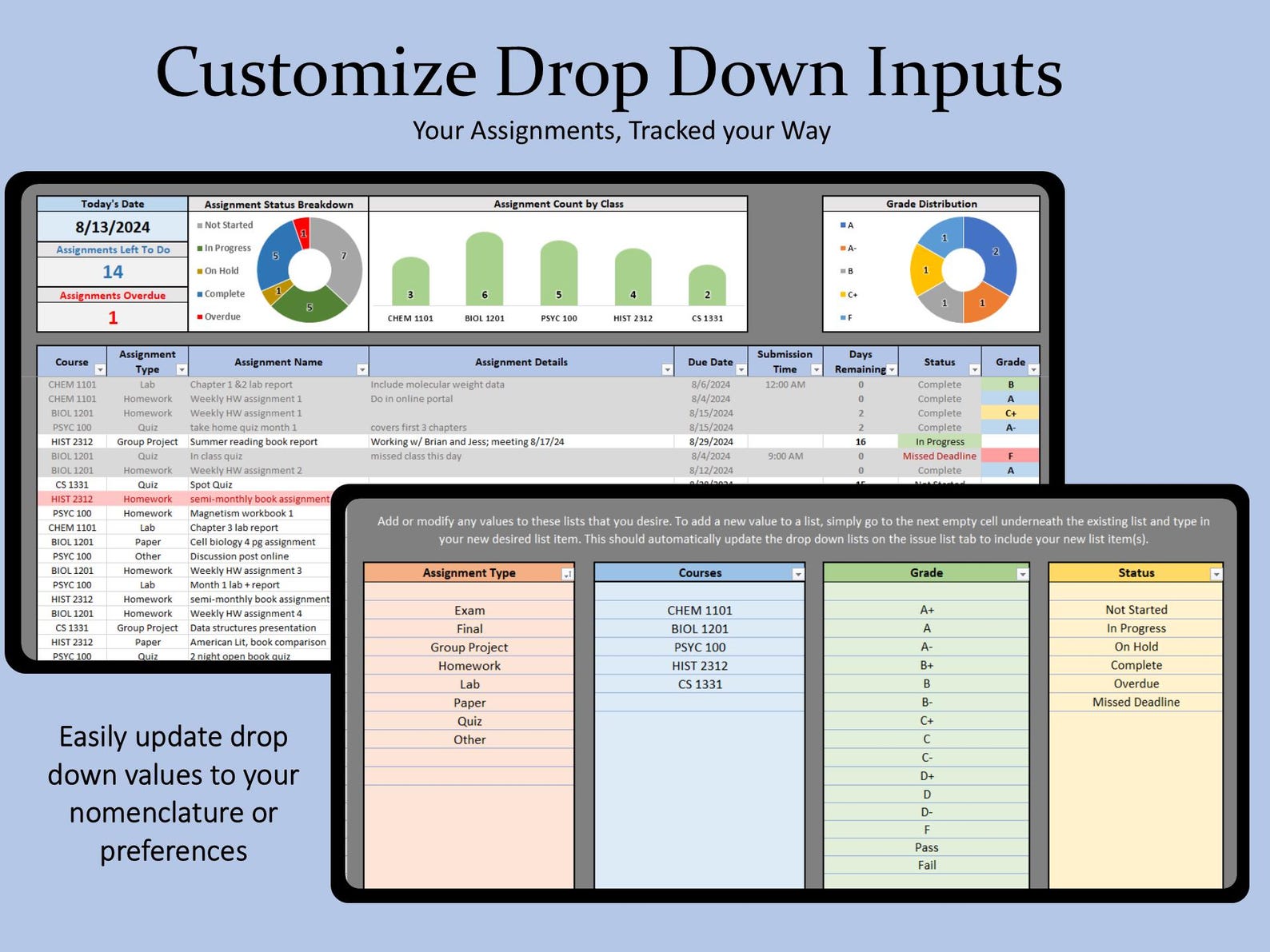 Assignment Tracker Spreadsheet, Excel Student Planner Template, School ...