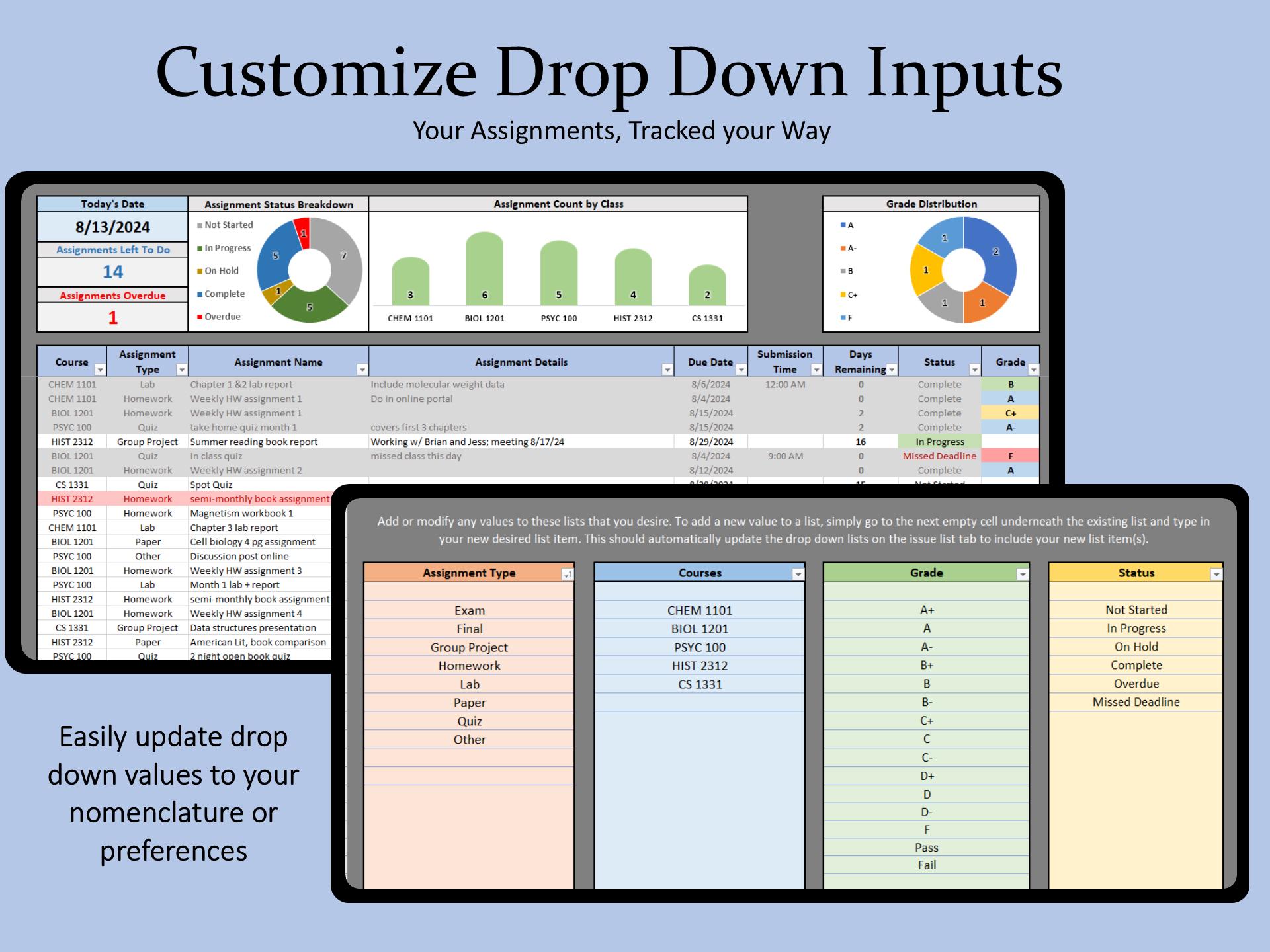 Assignment Tracker Spreadsheet, Excel Student Planner Template, School ...