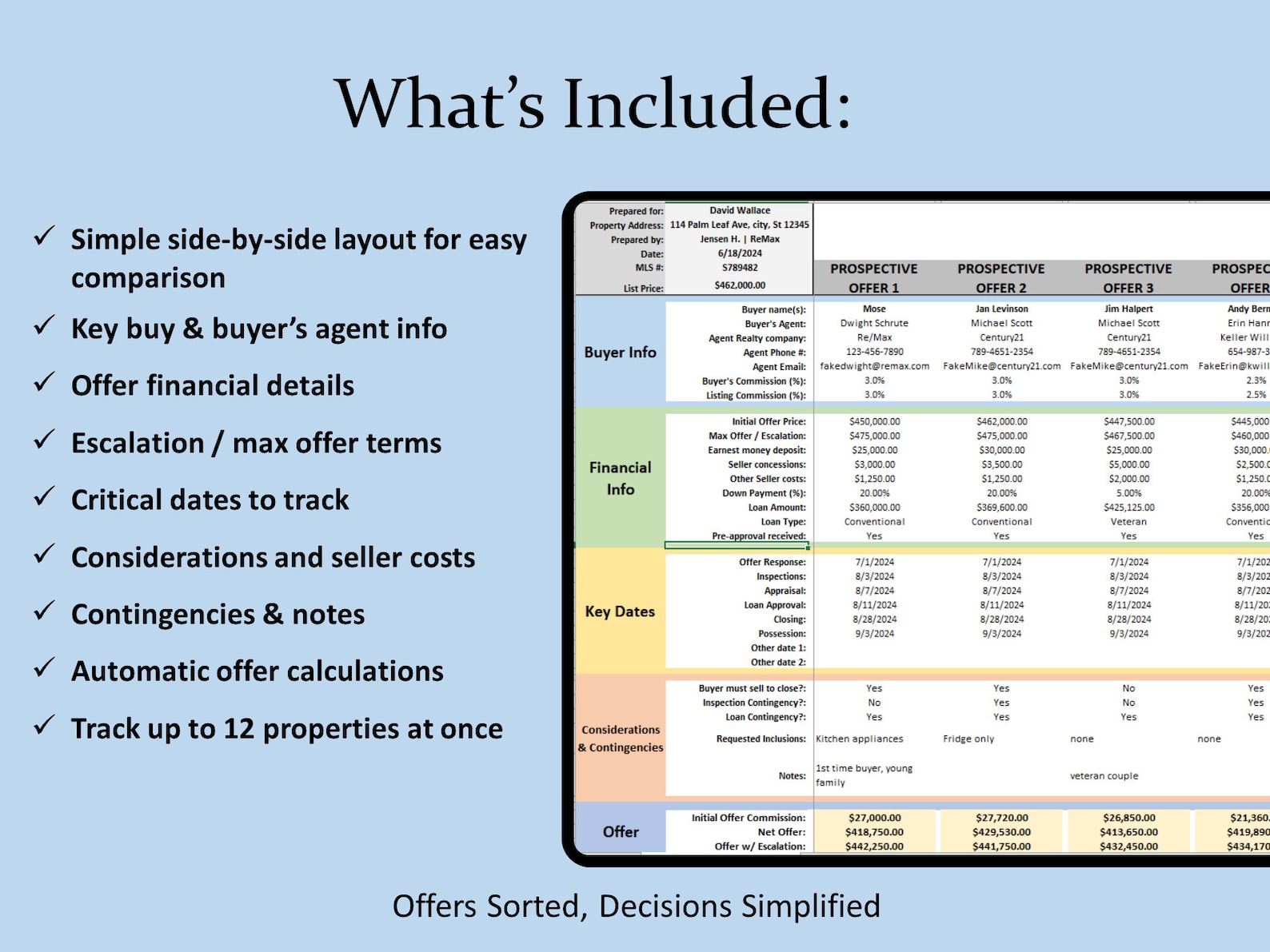 Multiple Offer Comparison Spreadsheet, Real Estate Seller Side-by-side ...