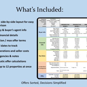 Multiple Offer Comparison Spreadsheet, Real Estate Seller Side-by-side ...