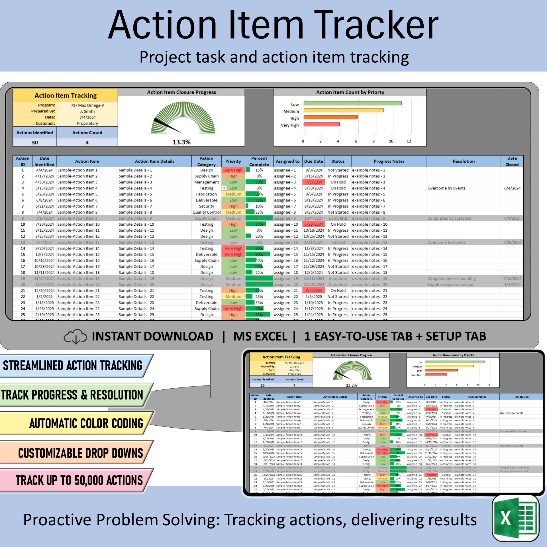 Action Item Tracker Spreadsheet, Excel To-do List and Task Tracking, Project Management Action ...