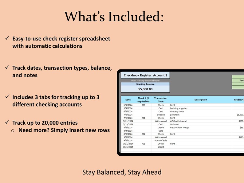 Checkbook Register Spreadsheet for Excel and Google Sheets, Checkbook ...