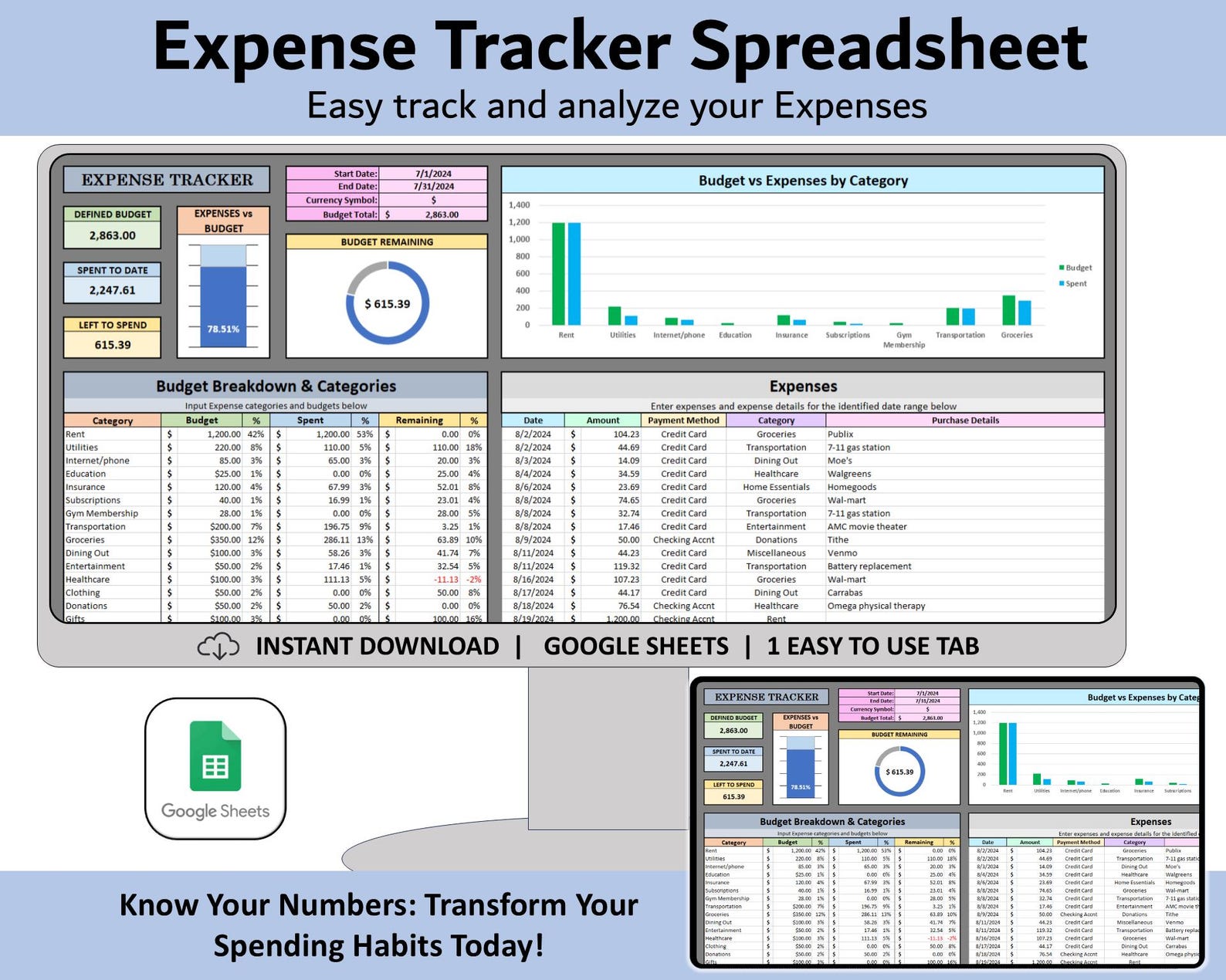 Easy Expense Tracker Spreadsheet Google Sheets Budget Planner Template ...