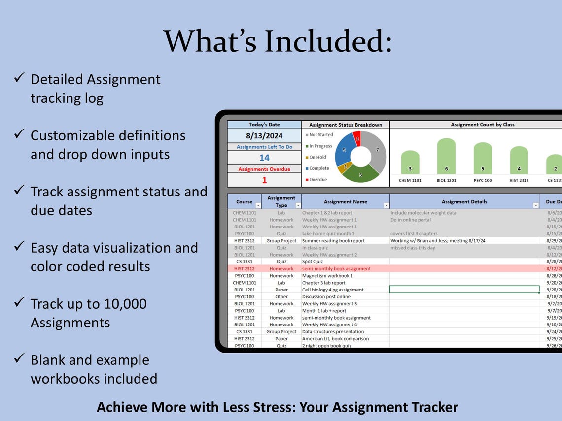 Assignment Tracker Spreadsheet, Excel Student Planner Template, School ...