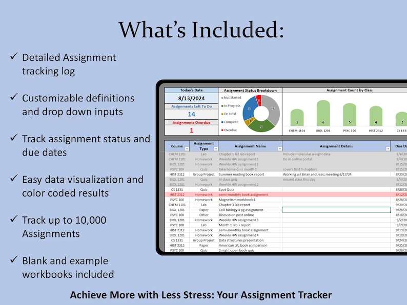 Assignment Tracker Spreadsheet, Excel Student Planner Template, School ...