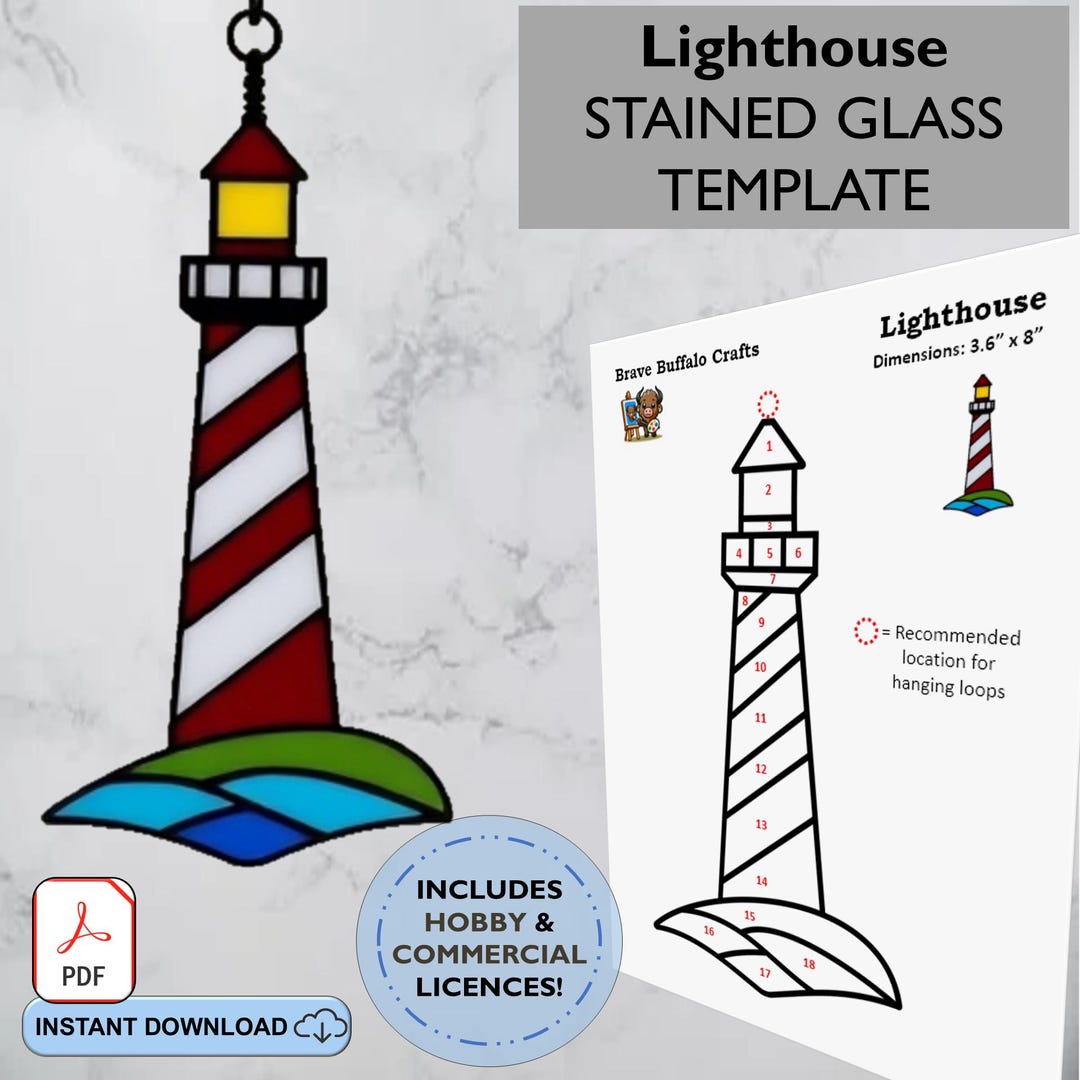 Lighthouse Stained Glass Pattern Template, PDF Suncatcher DIY Stencil ...