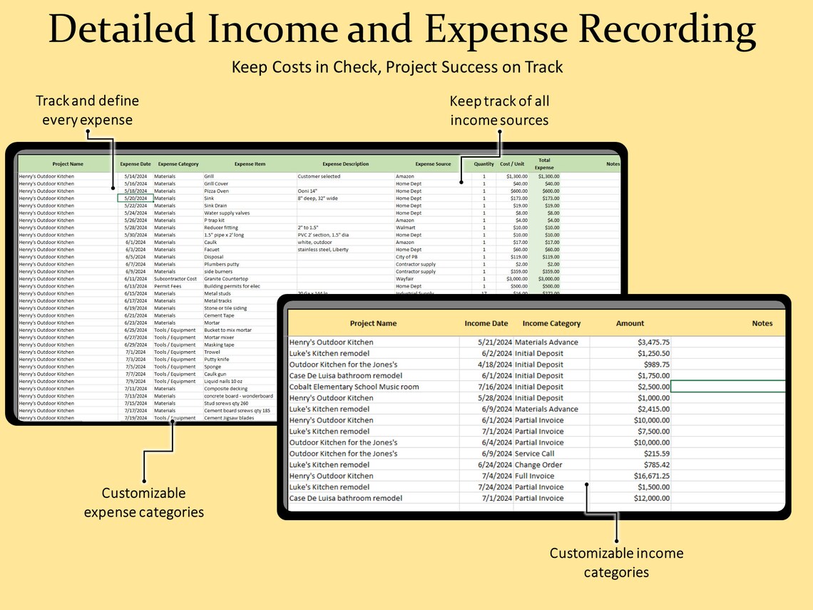 Project Cost Tracker Spreadsheet, Excel Expense and Income Tracking ...