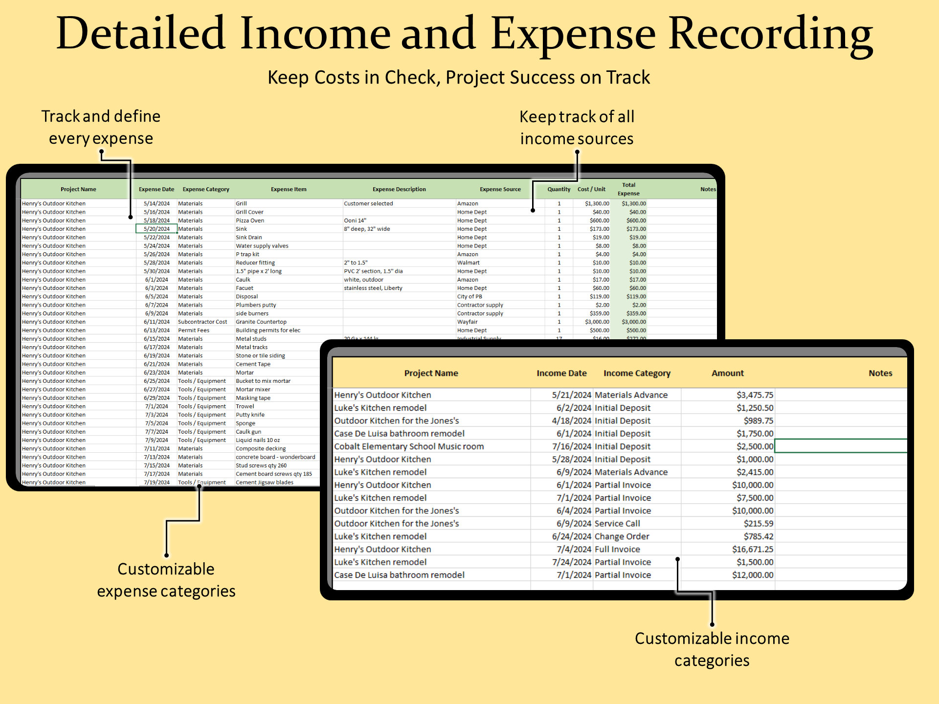 Project Cost Tracker Spreadsheet, Excel Expense and Income Tracking ...