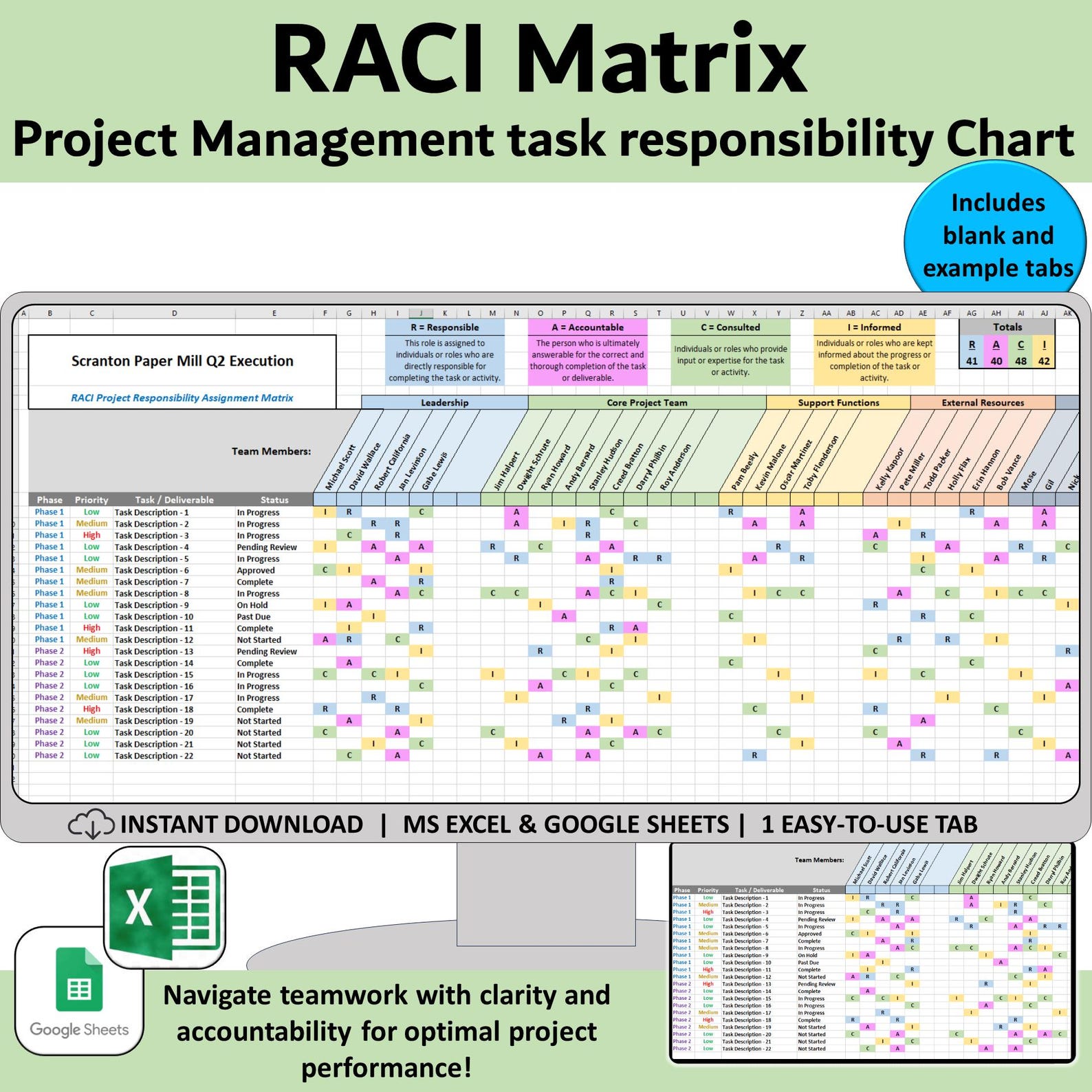 RACI Matrix Spreadsheet, Task Assignment, Project Management Role ...
